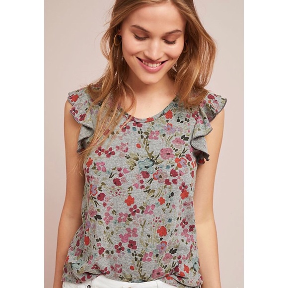 Anthropologie | Tops | Anthropologie Tla Floral Ruffle Sleeve Knit Top ...